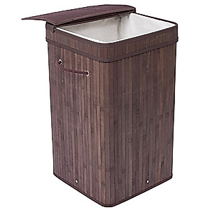 BirdRock Home Square Laundry Hamper with Lid and Cloth Liner - Bamboo - Espresso - Easily Transport Laundry Basket - Collapsible Hamper - String Handles