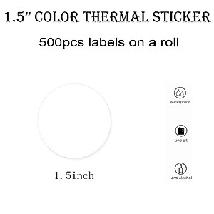 1.5 Inch Circle Thermal Labels, Self-Adhesive Round Printer Stickers, 500 per Roll Thermal Label Stickers for DIY Logo Design, Business and Name Tag