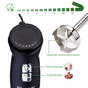 Immersion Hand Blender, 5 in 1 Multi-Purpose Hand Blender, 12 Speed+Turbo Stick Blender with 500ml Chopper, 700ml Beaker, Egg Whisk, Milk Frother, Black