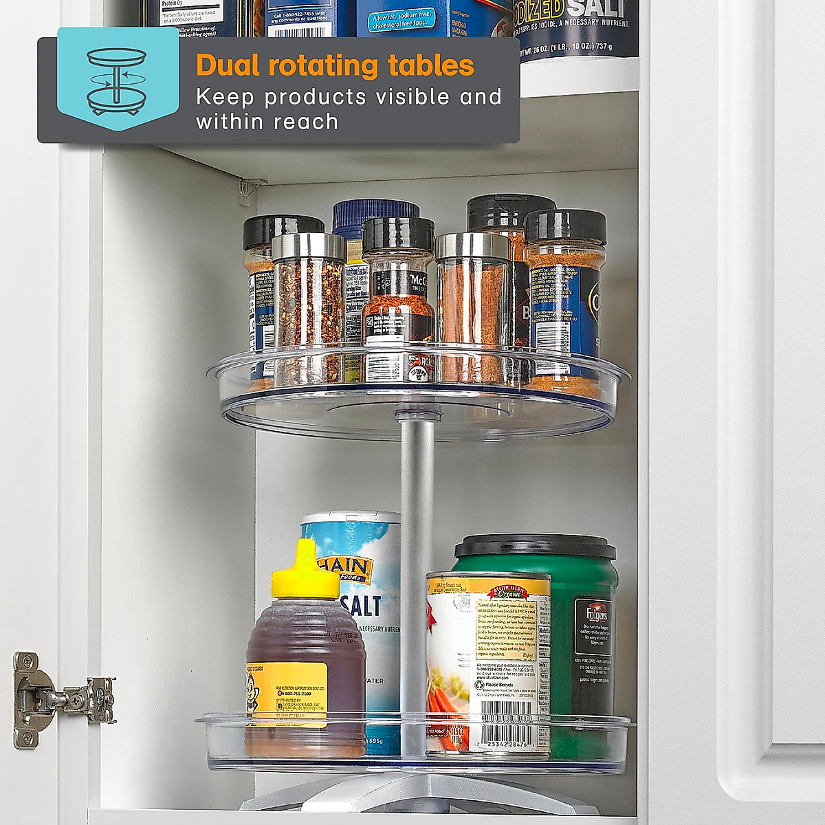 Polder 2-Tier Spinner Caddy, 365 degree turntable, clear lazy susan, under sink, cabinet or pantry storage