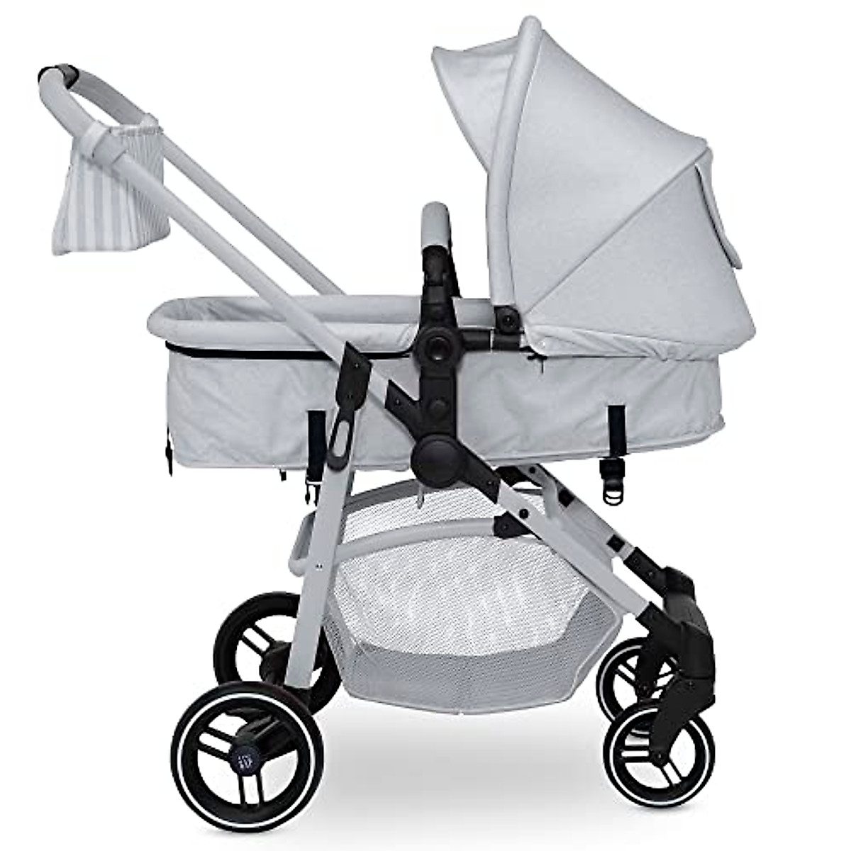 GAP babyGap 2-in-1 Carriage Stroller - Car Seat Compatible - Easy One-Handed Fold - Lightweight Stoller with Oversized Canopy & Reclining Seat - Made with Sustainable Materials, Grey Stripes