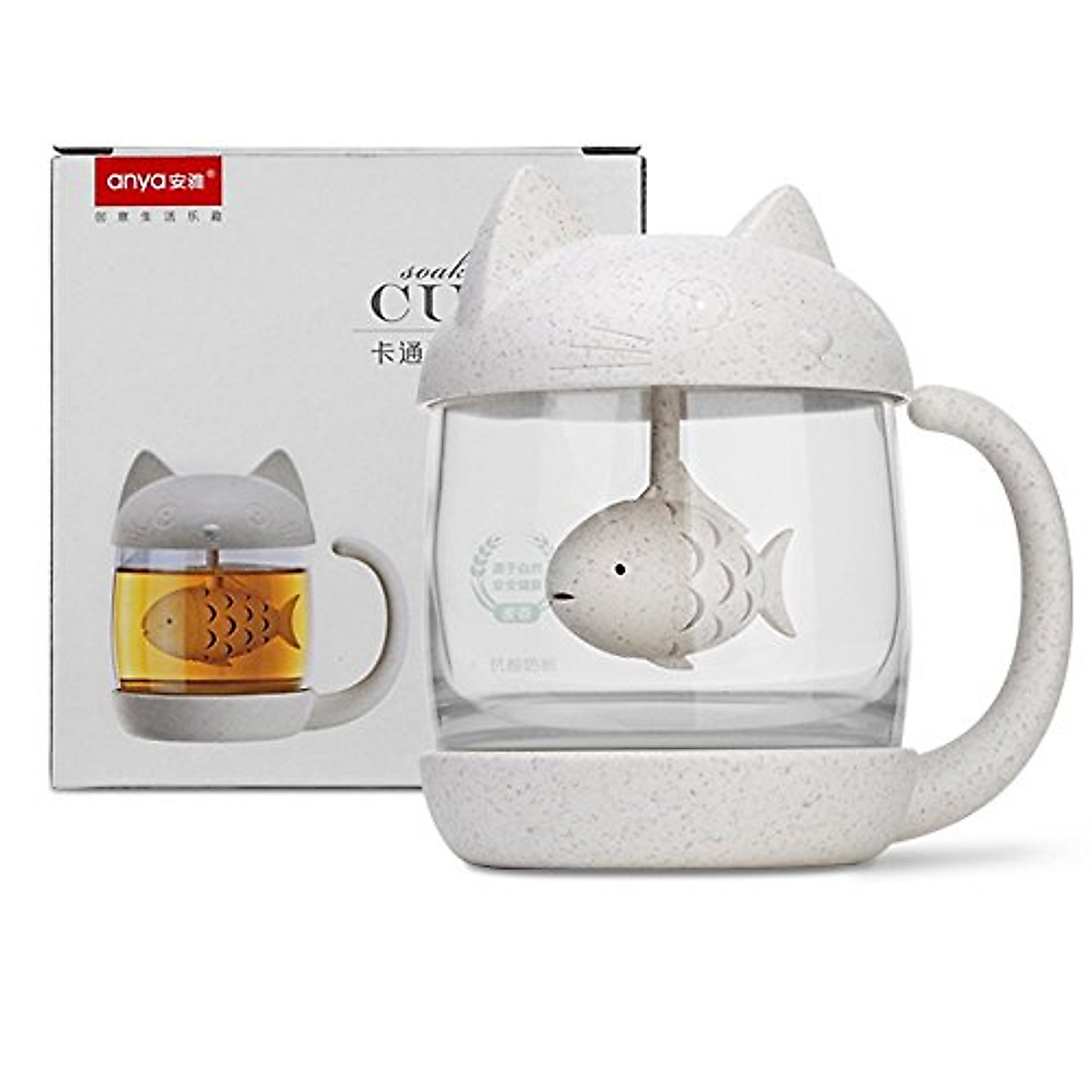 JEWOSTER Cute Cat Glass Cup Tea Mug With Fish Tea Infuser Strainer Filter