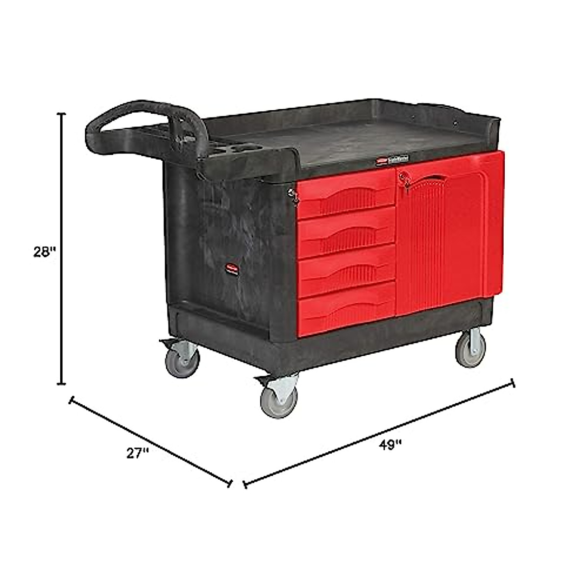 Rubbermaid Commercial Products Trademaster 4 Drawer Mobile Work Center with Cabinet, 49 inch L x 27 inch W x 28 inch H, Black/Red (FG453388BLA)