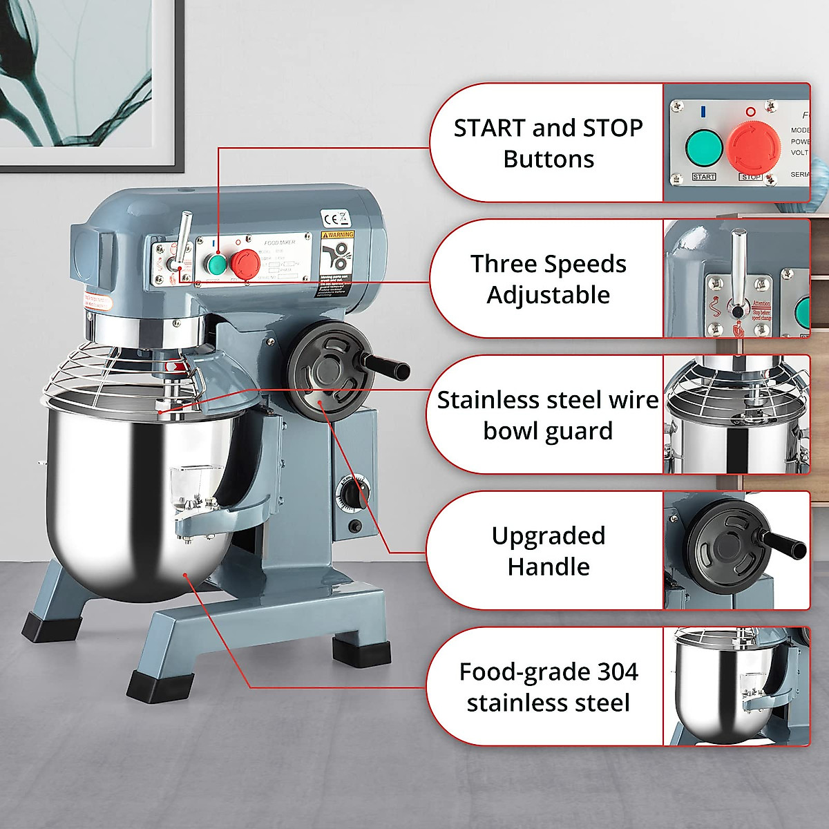 Commercial Mixer 15QT, Towallmark Commercial Food Mixer 600W, 3 Speeds Adjustable 130/233/415RPM Heavy Duty Commercial Stand Mixer 110V with Stainless Steel Bowl, Food Mixer for Bakeries Restaurant