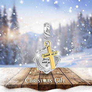 QeenseKc Religious Cross Dangle Charm Bible Verse Quote Isaiah 41:10 Scripture Gold Bead for Pandora Bracelet, Aut-54_Bible_Isaiah
