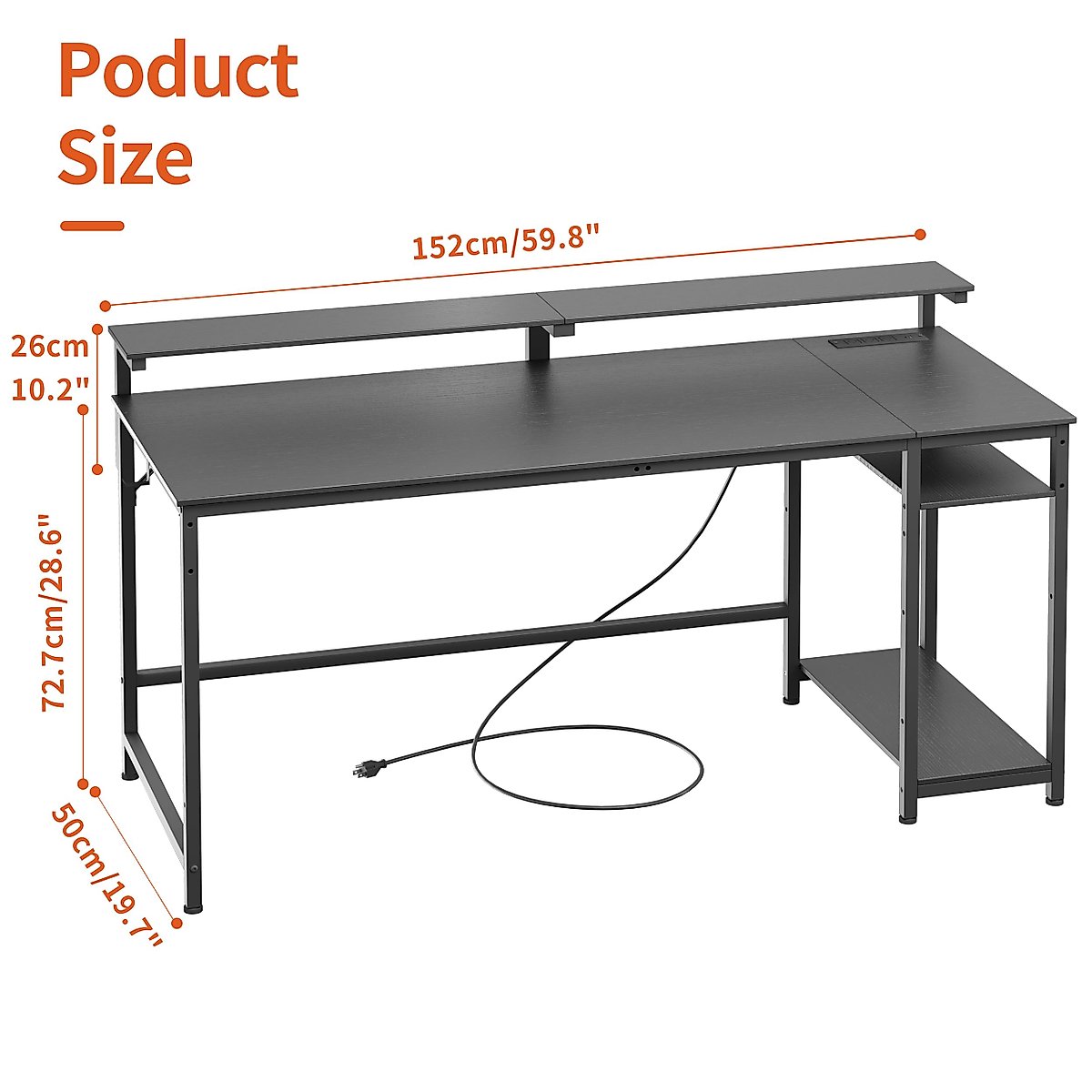 JOISCOPE Home Office Desk with Power Outlets (3AC, USB, Type-C), 60 × 20 Inch Computer Desk with Reversible Shelves, Laptop Table with Display Riser, Gaming Study Drafting Table for Bedroom, Black