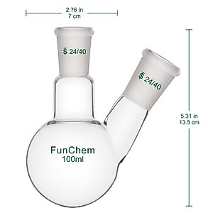 FunChem Glass Round Bottom Flask 24/40, 2 Neck Round Bottom Receiving Boiling Flask RBF, with 24/40 Standard Taper Outer Joint, 100 mL