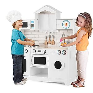 OLAKIDS Kids Kitchen Playset, Wooden Pretend Play Toys with Cookware Accessories, Removable Sink, Oven, Microwave, Washing Machine & Cabinets, Toy Kitchen Set for Kids with Realistic Design