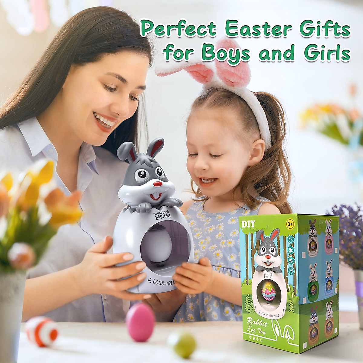 Easter Gifts for Kids, Easter Egg Decorating Kit, DIY Egg Coloring Spinner with 8 Colorful Markers & 6 White Eggs, Bunny Toys for Boys, Basket Stuffers for Girls, Children, Toddlers