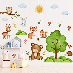 Watercolor Tree Animals Wall Decals,Cartoon Animal Wall Stickers,Nursery Wall Decor Woodland Animal Wall Decals,Fox Giraffe Bear Forest Animal Wall Decal for Kids Room Bedroom Classroom Playroom Decor