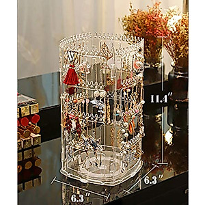 Sooyee 360 Rotating Earring Holder and Jewelry Organizer, 4 Tiers Jewelry Rack Display Classic Stand, 156 Holes and 160 Grooves for Necklaces Earrings Piercings, Clear