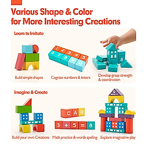 hahaland Wooden Blocks - Building Blocks Set with Number Alphabet Letter Car - City Construction Stacking Toddler Toys Montessori Toys for 3 Year Old Girls Boys Kids Building Toys for Ages 3-4-5-6