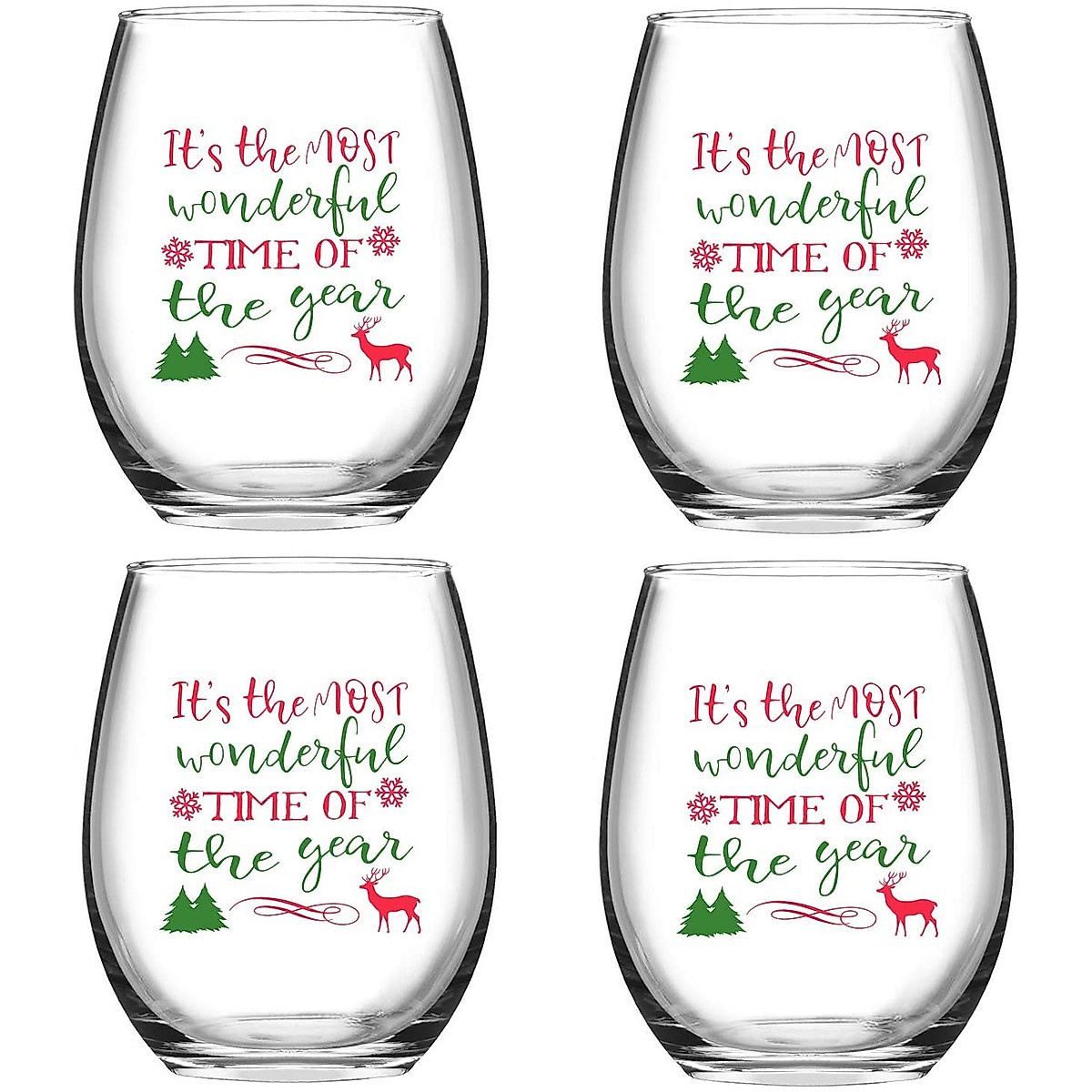 Futtumy It's the Most Wonderful Time of the Year Stemless Wine Glass 15oz, Unique Christmas Wine Glass for Men Women Mom Dad Wife Husband Friend on Christmas Birthday Wedding, Set of 4