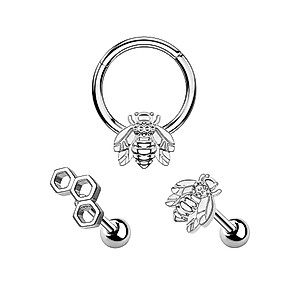 Melighting 3pcs Bee Cartilage Earrings 316L Surgical Steel 16G Septum Jewelry Helix Earrings Honeycomb Tragus Earring Stud for Women Daith Piercing Conch Earring