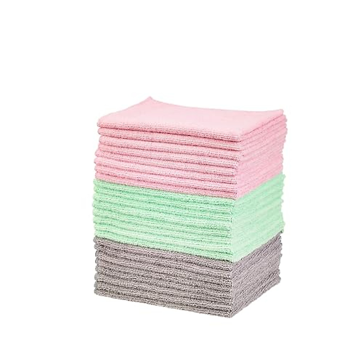 Amazon Basics Microfiber Cleaning Cloths, Non-Abrasive, Reusable and Washable, Pack of 24, Green/Gray/Pink, 16" x 12"
