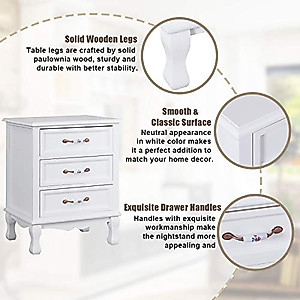 Giantex 3 Drawers Nightstand, Mid-Century Vintage Bedside Table w/Exquisite Handle & Solid Wood Legs, Wood Sofa End Table Storage Cabinet Accent Furniture for Bedroom, White