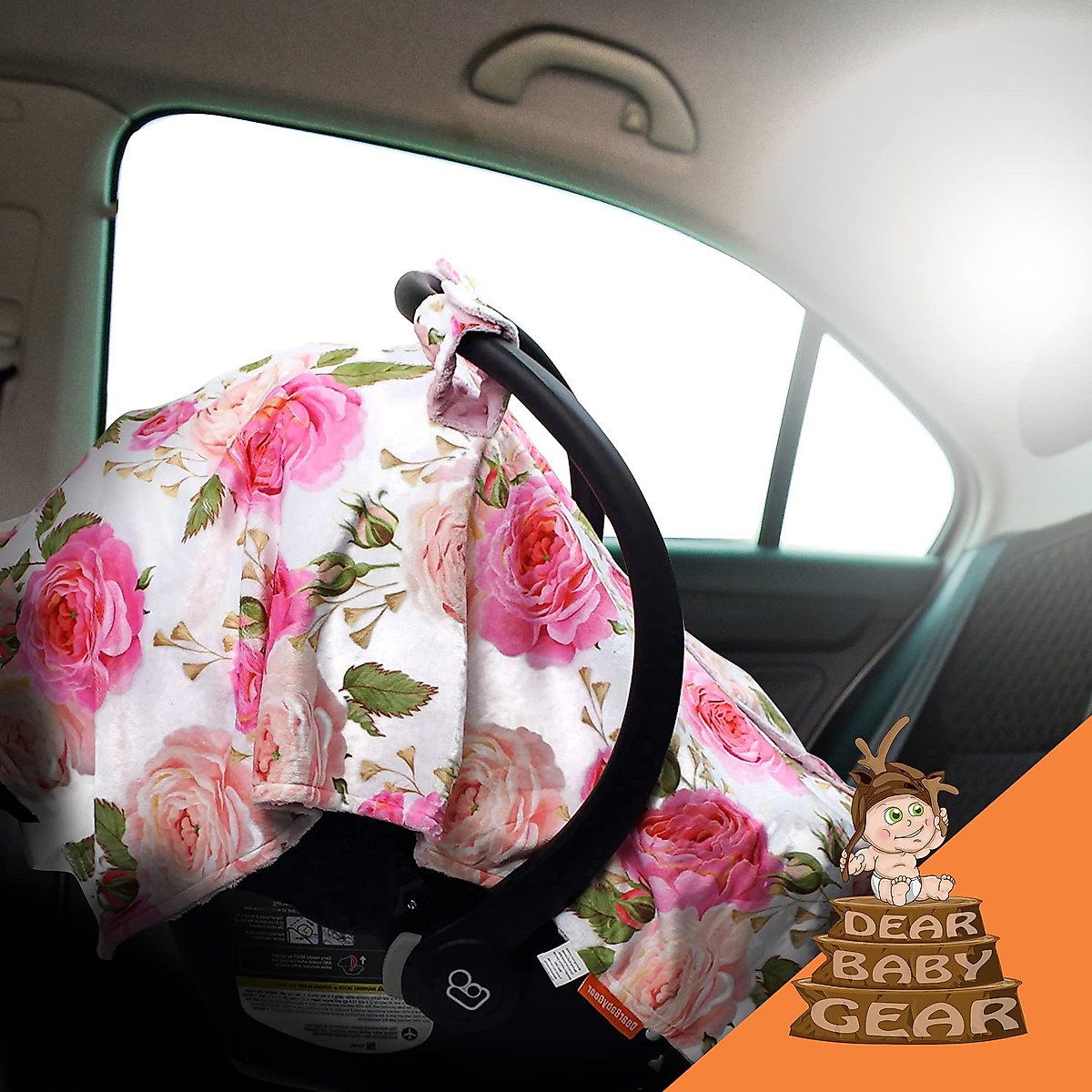 Dear Baby Gear Floral Baby Car Seat Canopy with Snap Button Opening - Newborn & Toddler Carseat Cover - Nursing Covers - Infant Chair Essentials (Pink Rose/Pink Dot, 40" x 30")