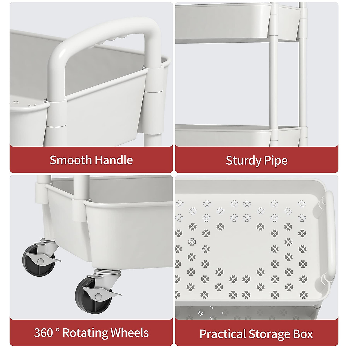 Sywhitta 4-Tier Plastic Rolling Utility Cart with Handle, Multi-Functional Storage Trolley for Office, Living Room, Kitchen, Movable Storage Organizer with Wheels, White