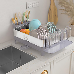 IBUYKE Stainless Steel Dish Drying Rack,Rust Resistan Dish Racks for Kitchen Counter,Dish drainers with 360° Rotatable Spout and Removable Flatware Caddy,Silver Gray TDS002G