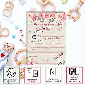 Watercolor Pink Floral Cow-Themed Baby Sprinkle Shower Invitations, 20 5x7 Fill In Cards with Twenty White Envelopes by AmandaCreation