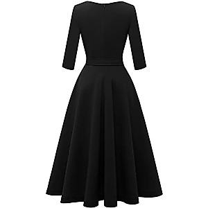 Black Vintage Cocktail Long Sleeve Prom Dress Midi Wedding Guest Formal Mother of Bride Dress Black XL