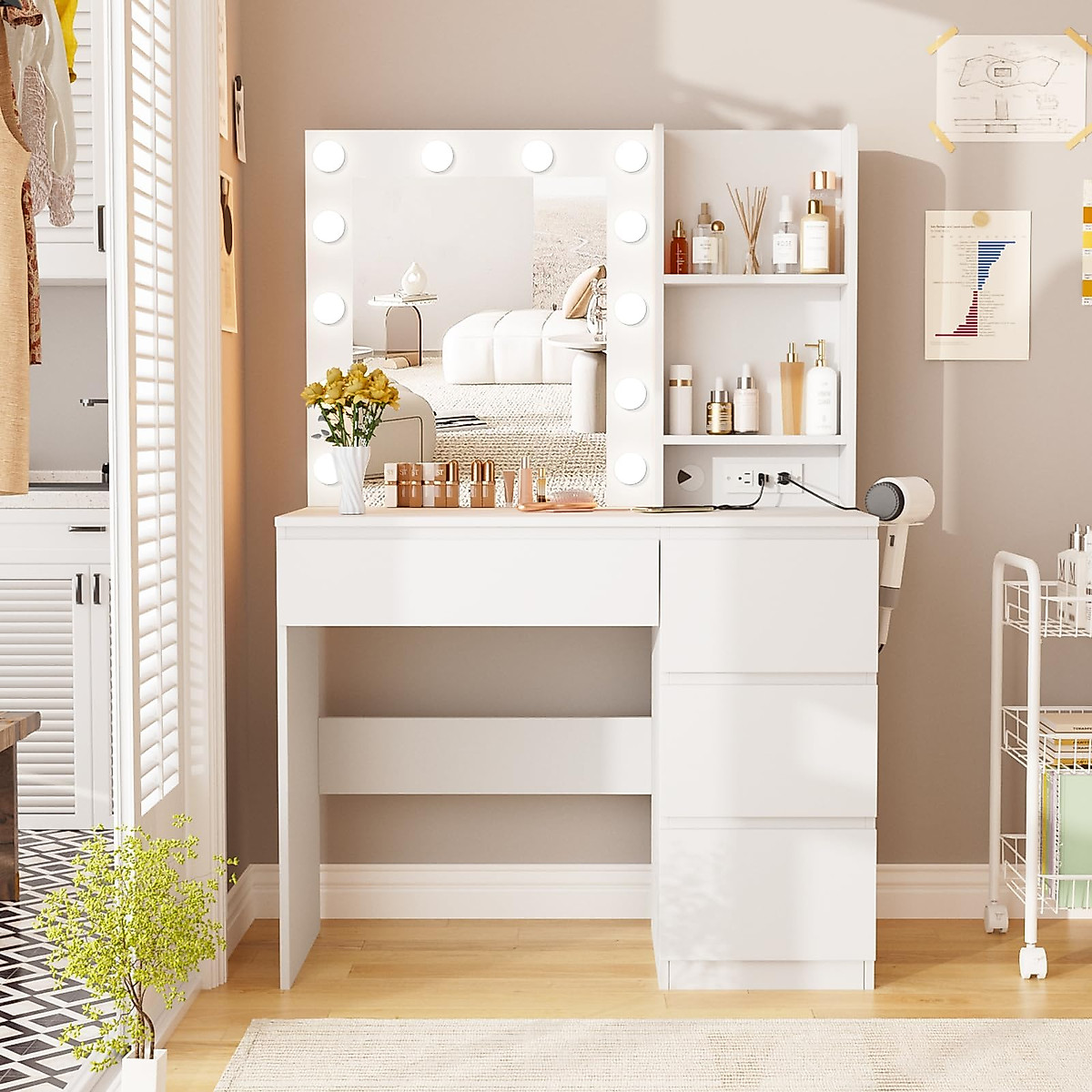 Fameill Makeup Vanity with Lights, 4 Drawers Makeup Table with Lighted Mirror, 37inch Vanity Desk with Power Strip, 3 Lighting Modes, White