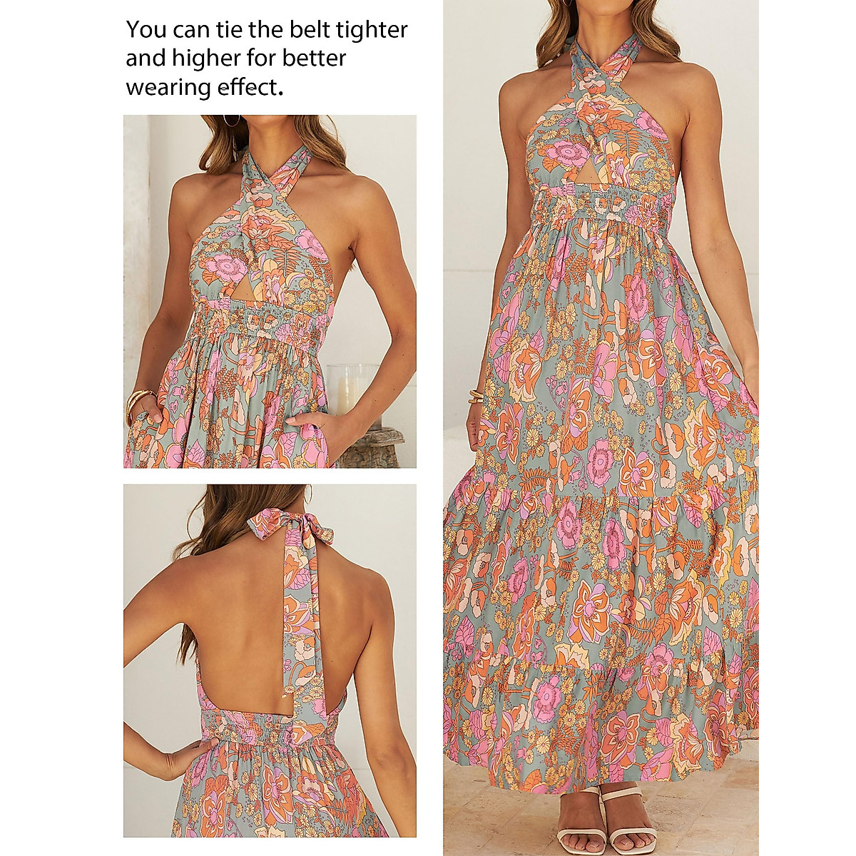 ZESICA Women's 2025 Summer Crossover Halter Neck Sleeveless Plaid Cut Out Backless Flowy A Line Maxi Dress,GreyGreen,Medium