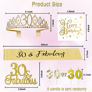 30th Birthday Decorations for Women, 30th Birthday Sash and Tiara CrownCake Topper, Birthday Candles, Napkins Set, 30th Birthday Gifts for Women (Gold)