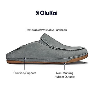 OLUKAI Kipuka Hulu Men's Leather Slippers, Premium Nubuck Leather Slip On Shoes, Shearling Lining & Gel Insert, Drop-In Heel Design, Charcoal/Charcoal, 11