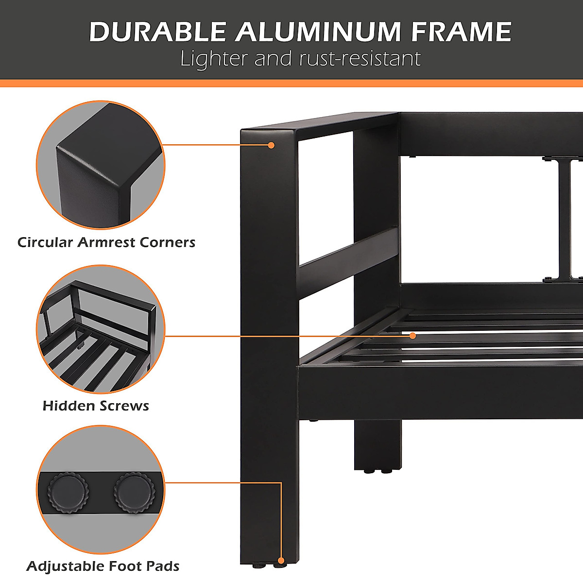 Betterhood Aluminum Patio Furniture Set, Modern Outdoor Seating with Upgrade Cushion & Wide Armrest, Patio Sofa for Balcony, Garden,Additional Dust Cover, Dark Grey