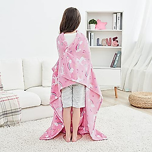 Wearable Fleece Blanket with Sleeves & Foot Pocket for Kids Boys Girls Children,Lightweight Soft Blanket with Sleeves and Hook & Loop 48" x 48" Pink Unicorn