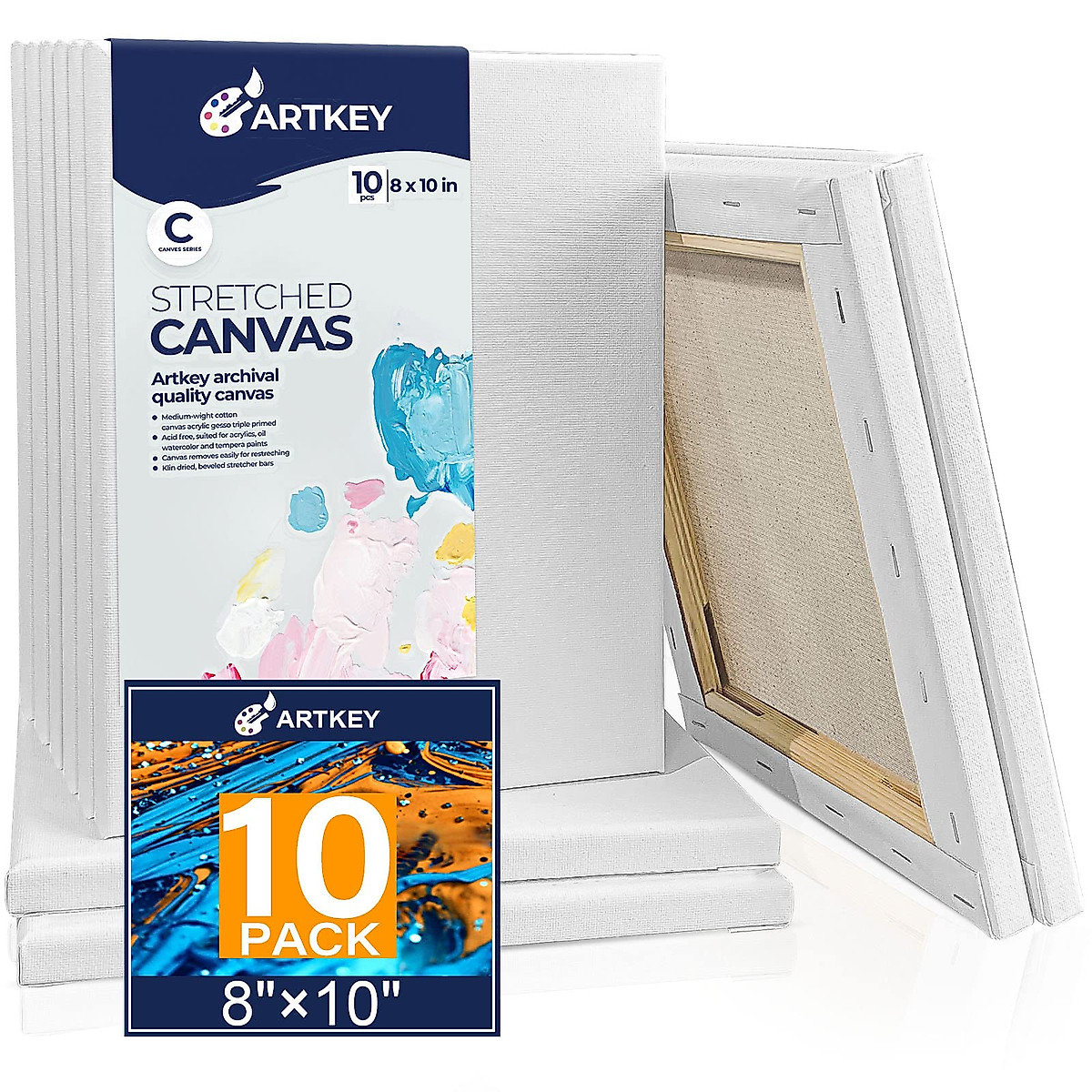 Artkey Canvases for Painting - 8 x 10 Inch, 10 Pack Canvases - 10 oz Triple Primed, Acid-Free, 100% Cotton Blank Canvas - Art Canvases for Oil Paint Acrylics