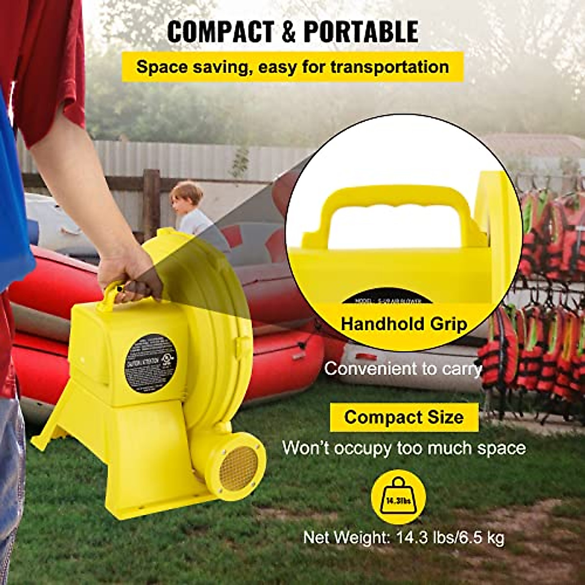 VEVOR Air Blower, 750W 1HP Inflatable Blower, Portable and Powerful Bounce House Blower, 2000Pa Commercial Air Blower Pump Fan, Used for Inflatable Bouncy Castle and Jump Slides, Yellow