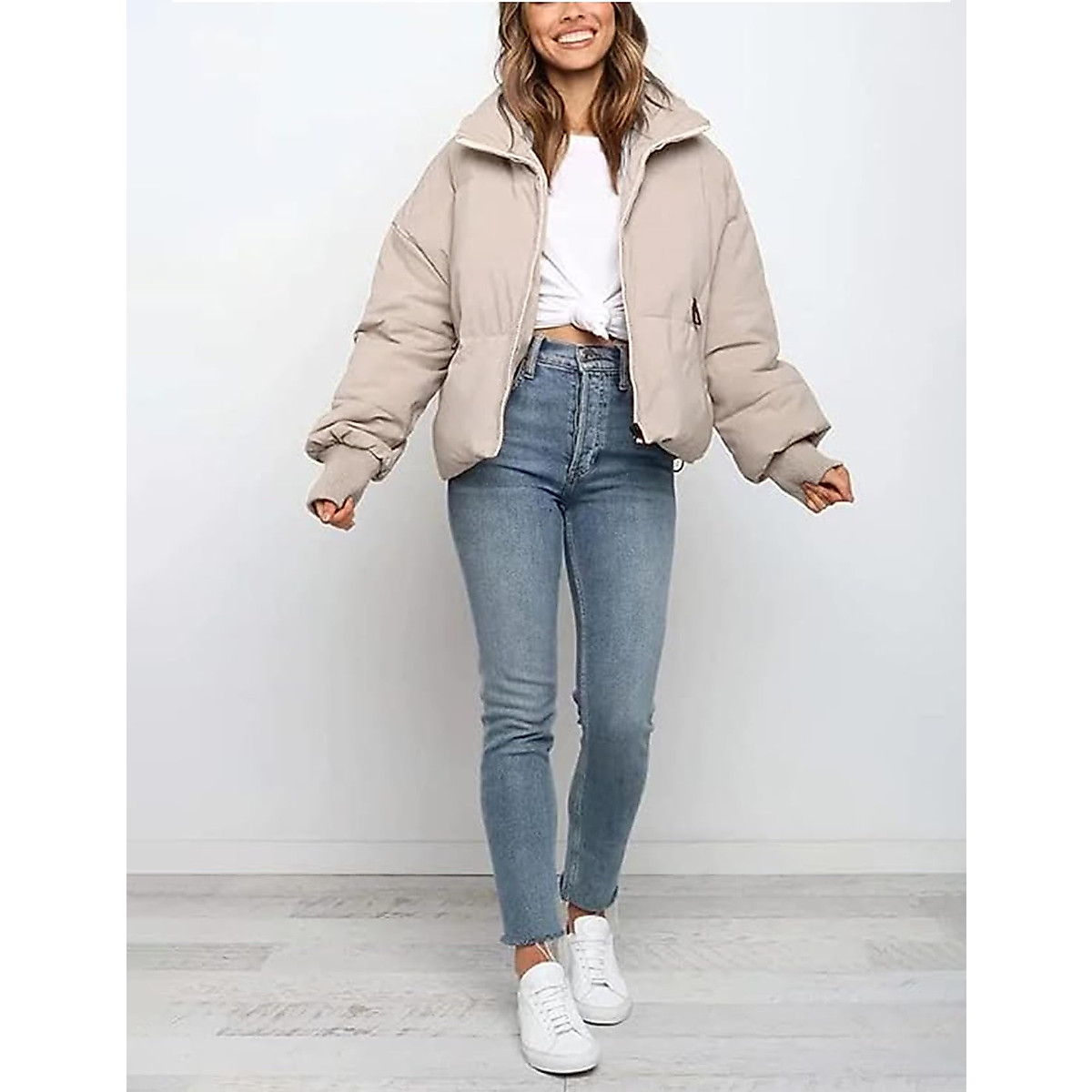 Gihuo Women’s Winter Cropped Puffer Jacket Coat Short Warm Quilted Jacket(Beige-L)