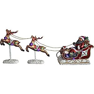 Fraser Hill Farm Flying Reindeer and African American Santa in Sleigh Figurine | Christmas Statue Includes Built-in LED Lights | Great Holiday Decoration | FFRS000-SC1-RDAA, Red