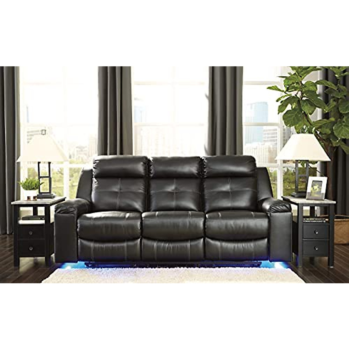 Signature Design by Ashley Kempten Faux Leather Manual Reclining Sofa with High Back and Blue LED Lighting, Black