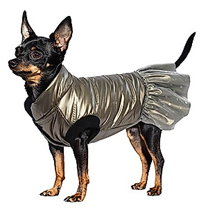 BRKURLEG Small Dog Cold Weather Coats,Gold Winter Doggie Jacket for xs s Medium Dogs Girl,Fleece Cozy Warm Padded Skirt for Puppy Thick Vest Dress,Water Resistant Snowsuit for Chihuahua Poodle Shihtzu