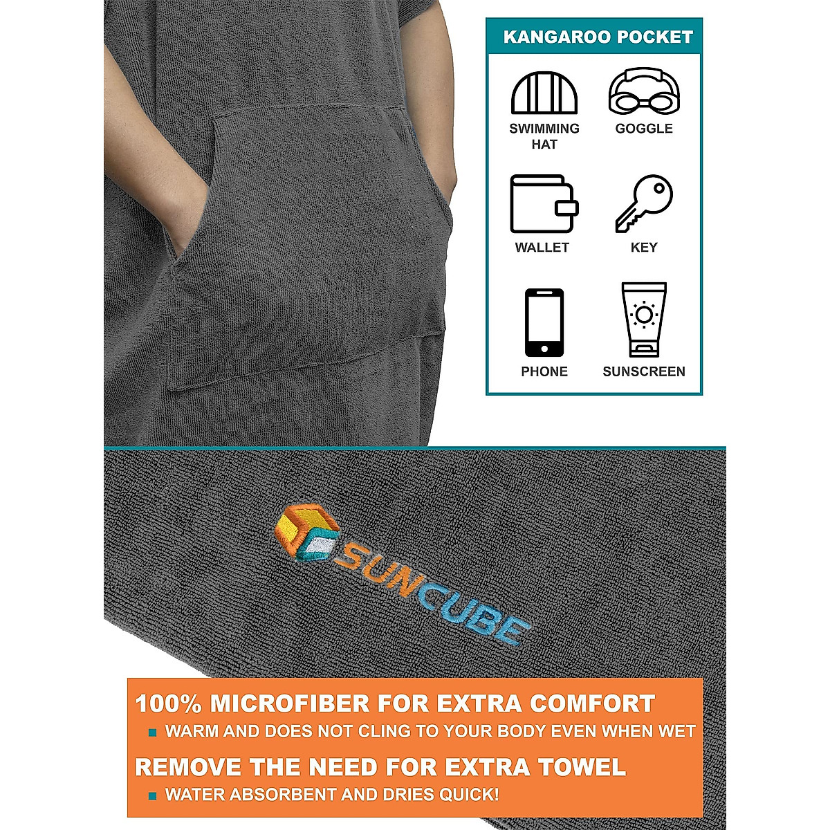 SUN CUBE Surf Poncho Changing Robe with Hood, Thick Quick Dry Microfiber Wetsuit Changing Towel for Surfing Beach Swim Outdoor Sports Men, Absorbent Wearable Towel Cover Up with Pocket, Gray