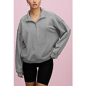Fixmatti Women Oversized Zip Up Sweatshirts Half Zipper Long Sleeve Drop Shoulder V Neck Pullover Tops Light Grey M