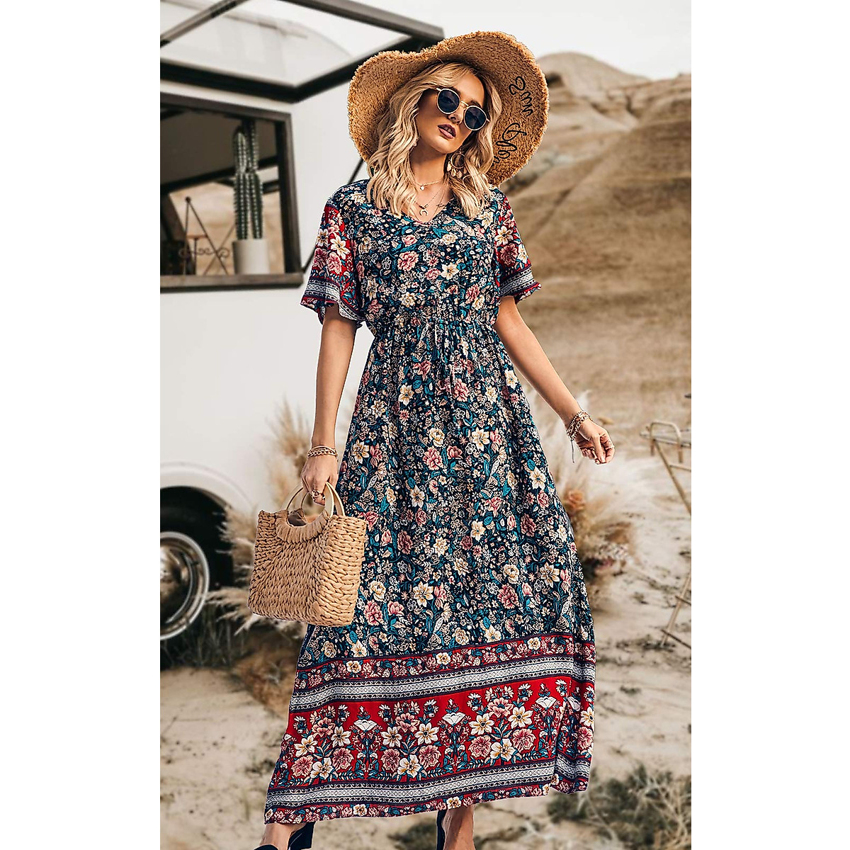 PRETTYGARDEN Women's Casual Summer Boho Floral Print Dress V Neck Short Sleeve High Waist Long Maxi Beach Dresses (Black,Medium)