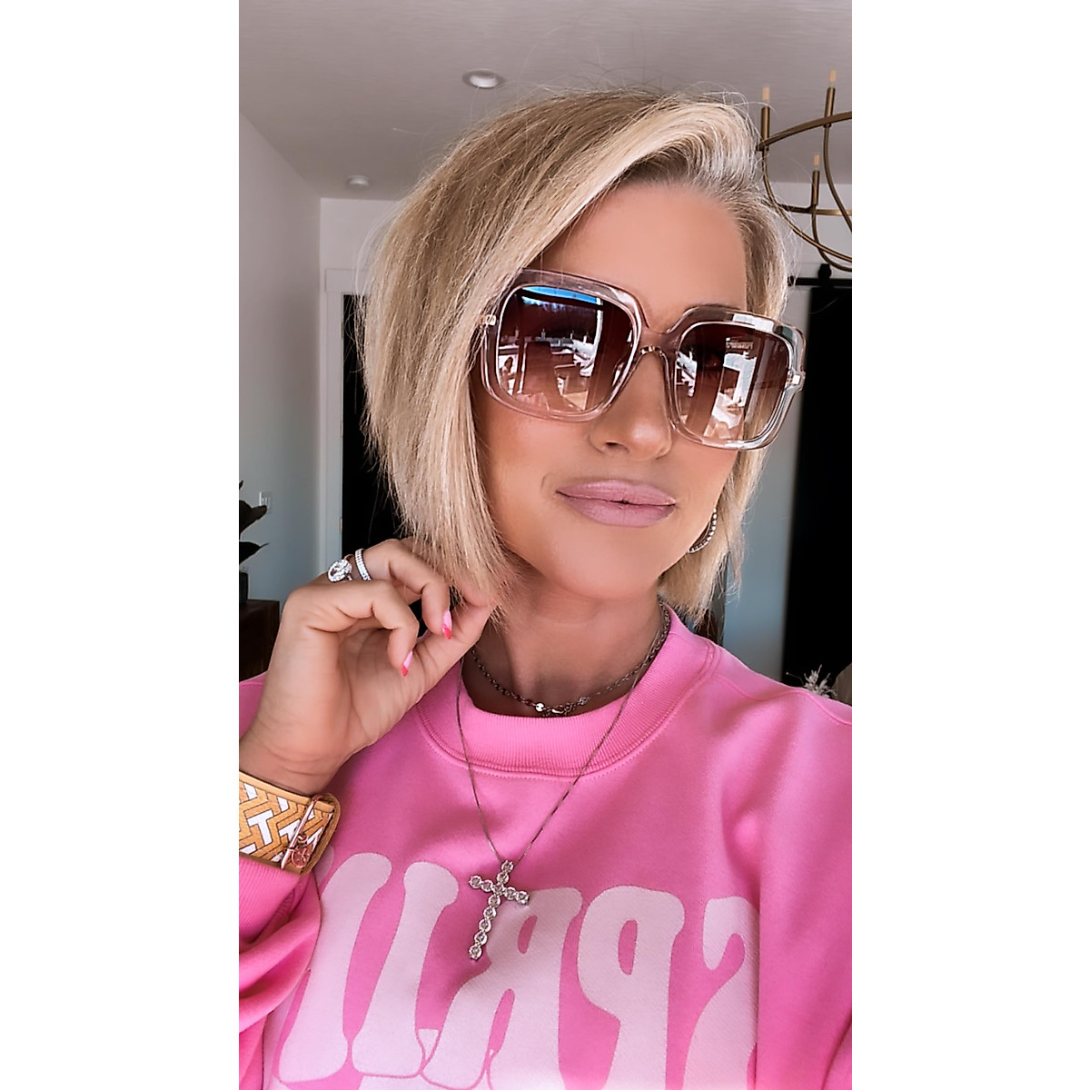 DIFF Sandra Designer Oversized Square Sunglasses for Women UV400 Protection, Light Pink Crystal + Dusk Gradient