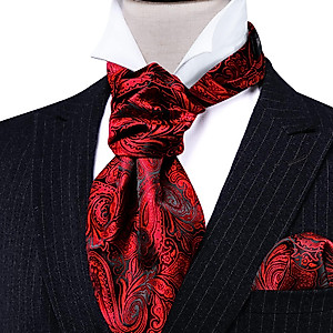 Barry.Wang Men Ascot Tie Set Cravat Paisley Red Silk Scarf Self Necktie Handkerchief Cufflinks Formal Wedding Party Prom