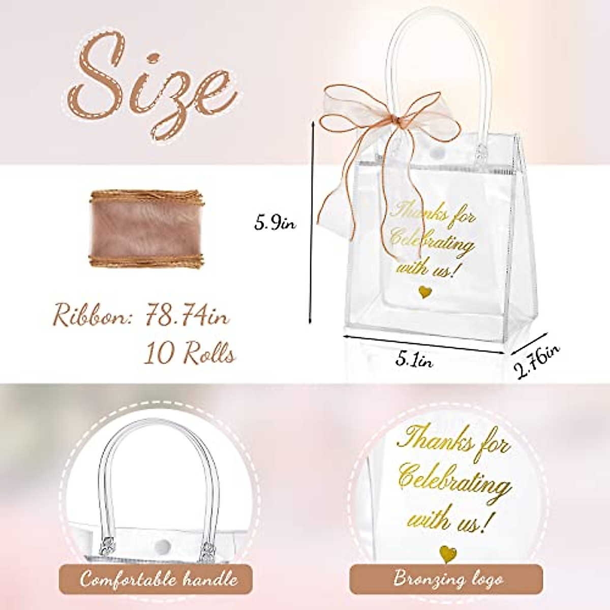 50 Pcs Clear Plastic Gift Bags with Handle Transparent PVC Plastic Gift Wrap Tote Bag Wedding Gift Bags Reusable Small Clear Gift Bags for Shopping Birthday Wedding Party Favor (6 x 5.1 x 2.8 Inch)