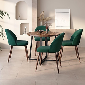 INO Design 5-Pieces Modern 35'' Inch Round Wooden Dining Table Set for 4 Comfortable Velvet Chairs, Space Saving Kitchen Furniture, Small Apartment Coffee Table Set (Green)