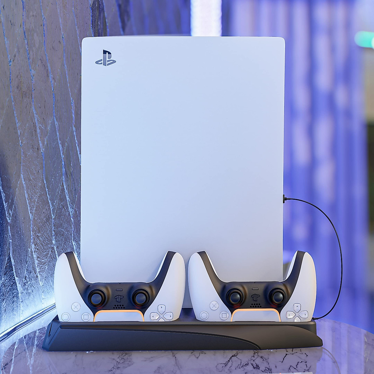Q-View Vertical Stand for use with PlayStation 5, 4 in 1 Docking Station, Controller Charger, Cooling Fan and Games Storage Tray Compatible with PS5 Console, Disk and Digital Version