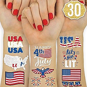 xo, Fetti Fourth of July Decorations Temporary Tattoos - 30 styles | America, Red White and Blue Party Supplies, 4th of July, USA,Memorial Day, Independence Day, Labor Day