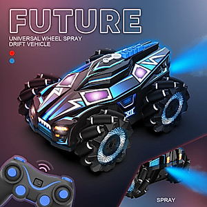 HR Fog Remote Control Car for Kids High Speed LED Light Race RC Car,Rear Fog Stream 4WD 2.4GHz Double Sided Rotating 360Flips Vehicles, Birthday Gifts for Boys and Girls (Blue)