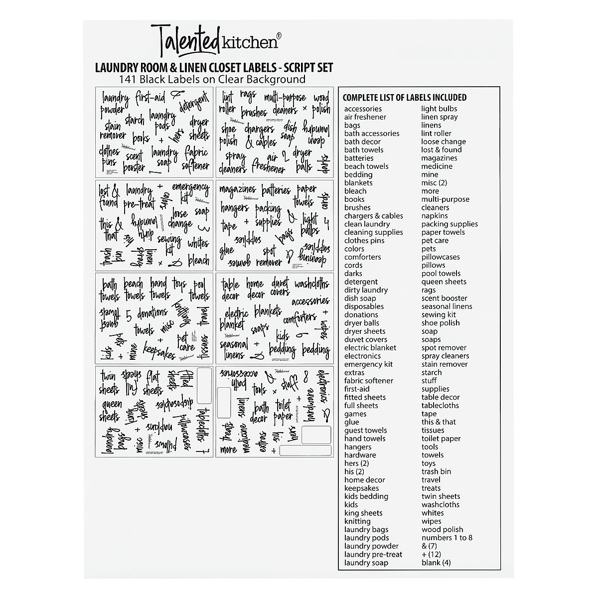 Talented Kitchen 141 Laundry Room Labels for Jars and Containers, Preprinted Black Script Stickers for Linen Closet, Bathroom Organization, Cleaning Supplies (Water Resistant)