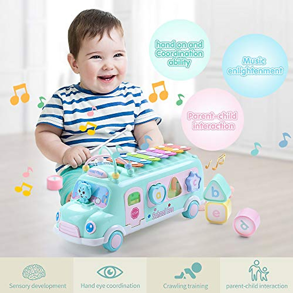 EFOSHM Intellectual School Bus Baby Toy, Piano Music Bus Toys Toddler for 1-3 Years,Shape Puzzles Knocking Piano Educational Musical Toys Gifts for 1 Year Old Boy and Girl Christmas Birthday
