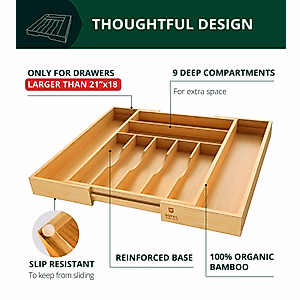 Luxury Bamboo Kitchen Drawer Organizer - Silverware Organizer - Utensil Holder and Cutlery Tray with Grooved Drawer Dividers for Flatware and Kitchen Utensils (9 Slot, Natural)